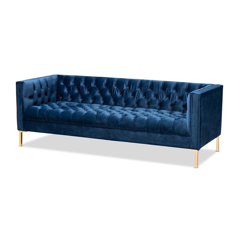 Baxton Studio Zanetta Tufted Velvet and Wood Sofa in Navy Blue and Gold BushFurnitureCollection