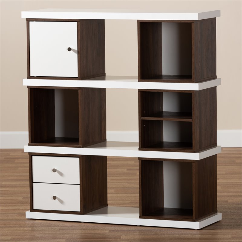 Baxton Studio Rune Two-Tone White and Walnut Finished 2-Drawer Bookcase ...