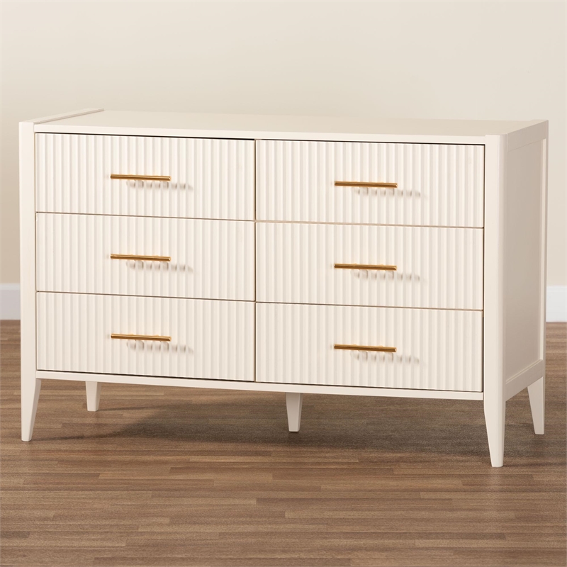 Baxton Studio Primrose Mid-Century Ivory Fluted Wood 6-Drawer Dresser ...