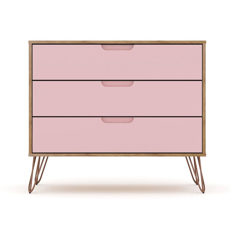 Manhattan Comfort Rockefeller 3 Piece Dresser and Nightstand Set Nature and Rose Pink