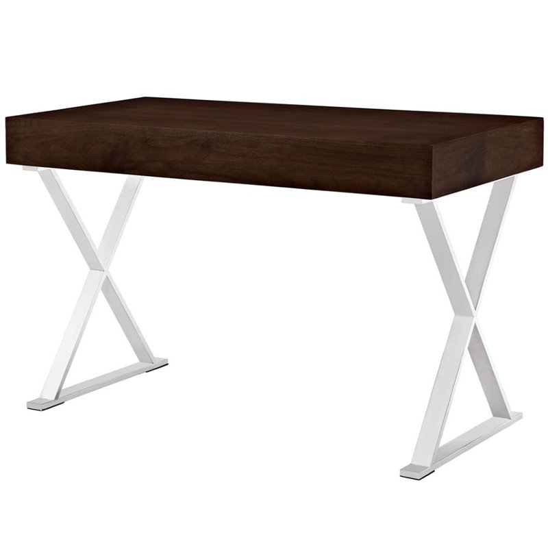 Modway Sector Modern Stainless Steel Office Desk in Walnut/White