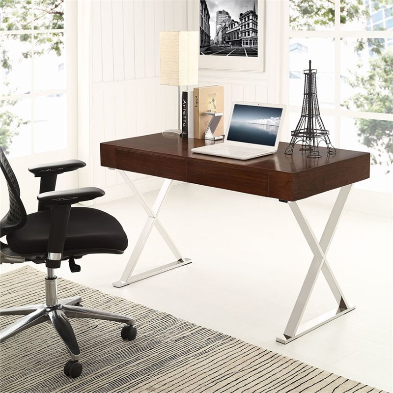 Modway Sector Modern Stainless Steel Office Desk in Walnut/White