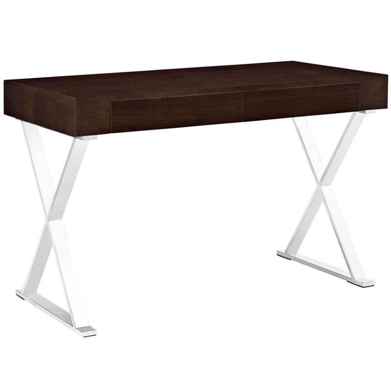 Modway Sector Modern Stainless Steel Office Desk in Walnut/White