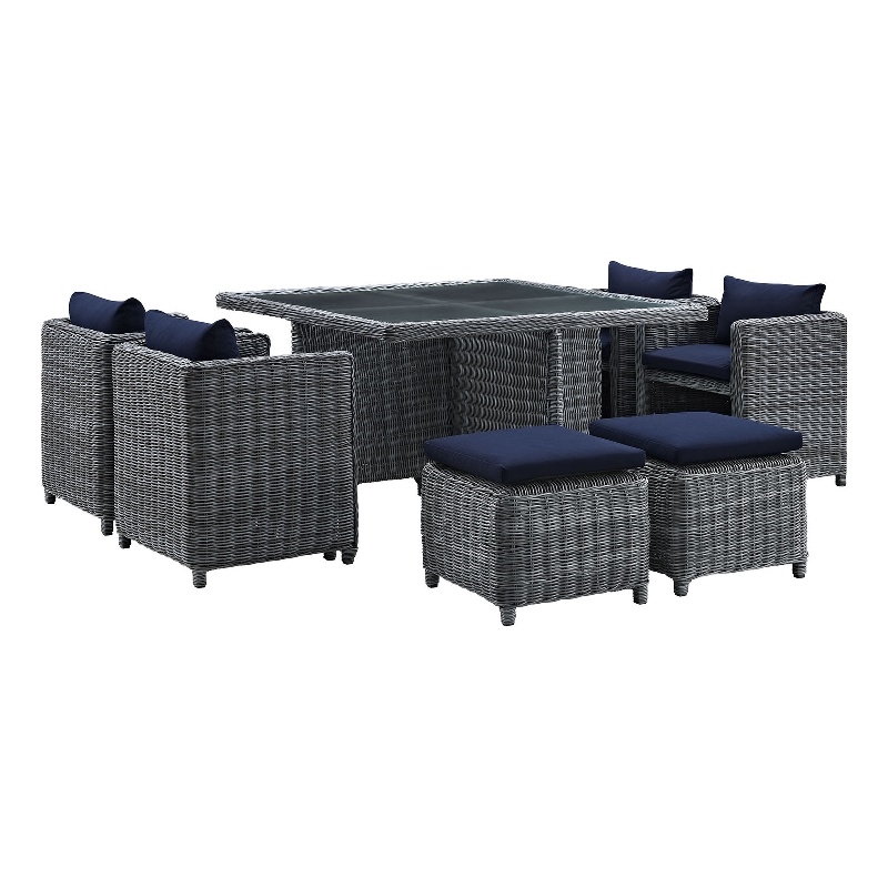 Modway Summon 9-Piece Aluminum and Rattan Patio Dining Set in Canvas/Navy