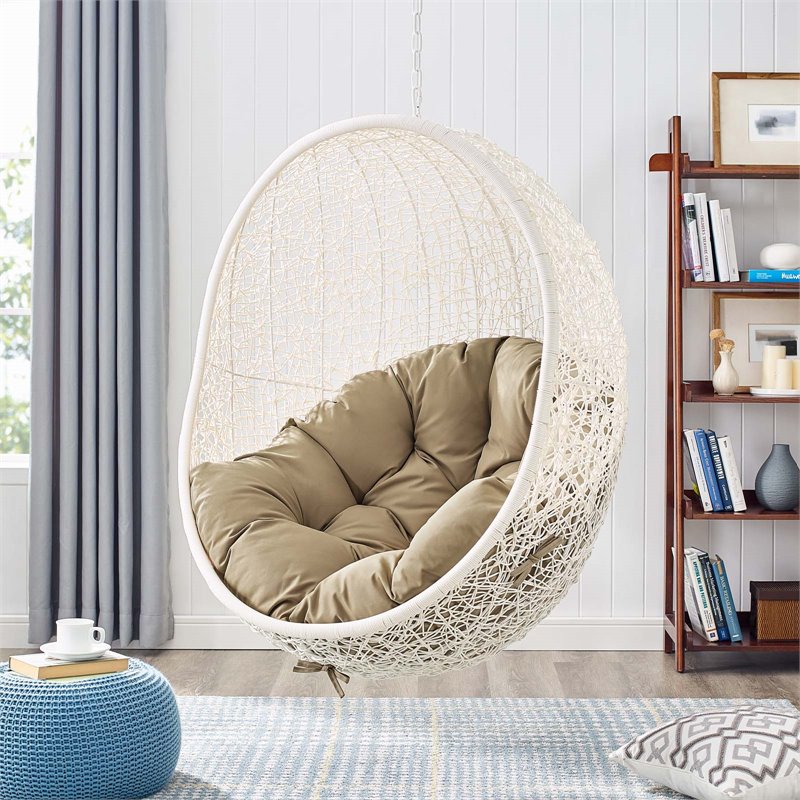 Modway Hide Steel Rattan Outdoor Patio Swing Chair with Stand in White Mocha