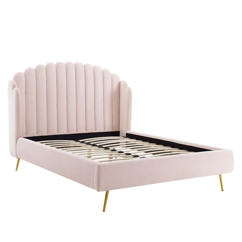 Modway Lana Queen Performance Velvet Wingback Platform Bed in Pink ...