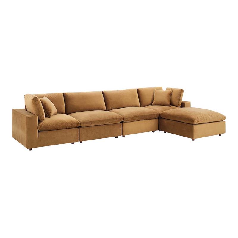 Modway Commix 5-Piece Performance Velvet Sectional Sofa in Cognac Brown ...