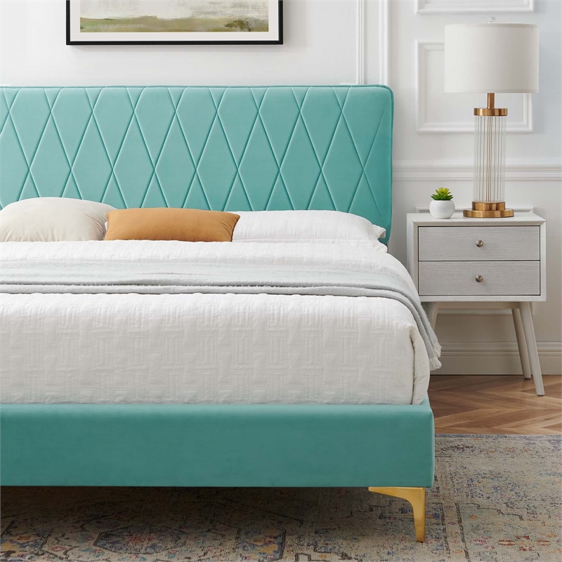 Modway Phillipa Modern Performance Velvet King Platform Bed Mint Green