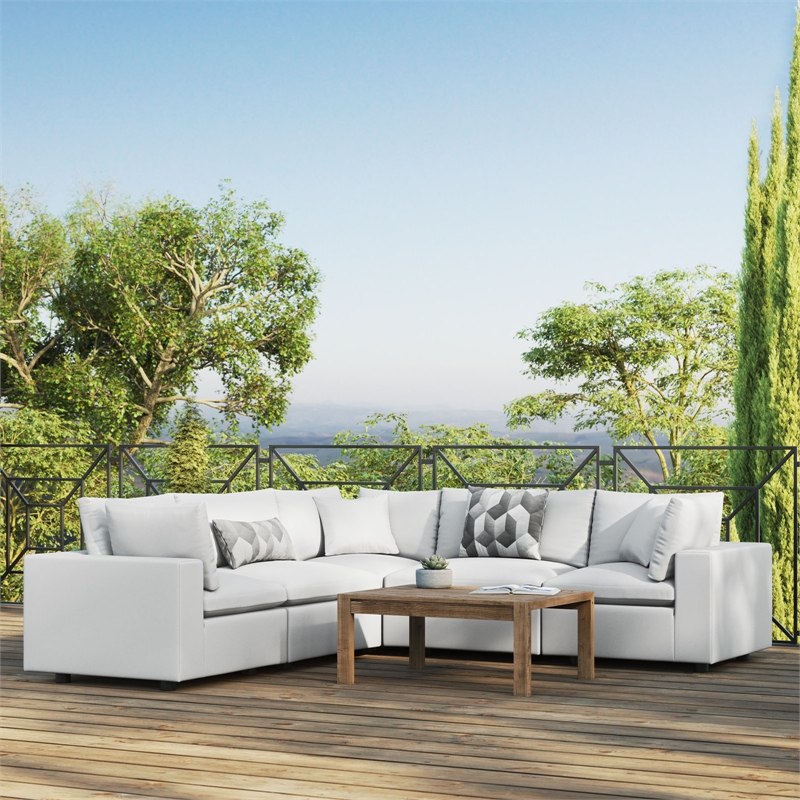 Modway Commix 5 Piece Modern Fabric Patio Sectional Sofa in White ...