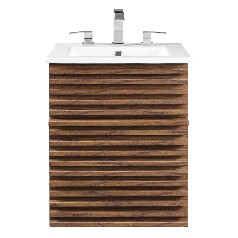 Modway Render 18" Wall-Mount Wood & Ceramic Bathroom Vanity in Walnut ...