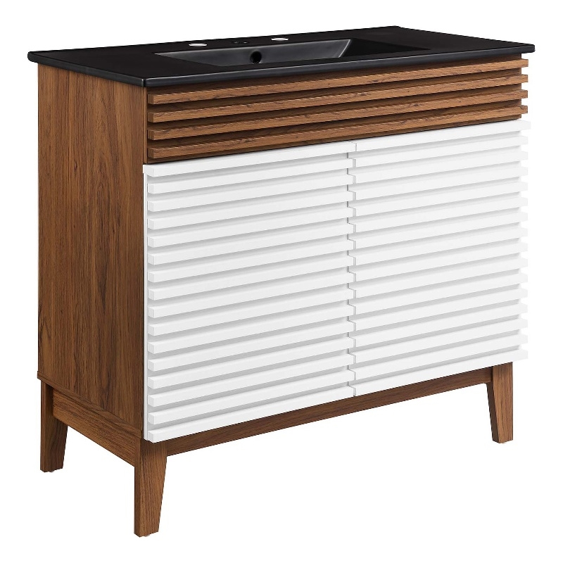 Modway Render 36" MDF and Particleboard Bathroom Vanity in White/Walnut ...