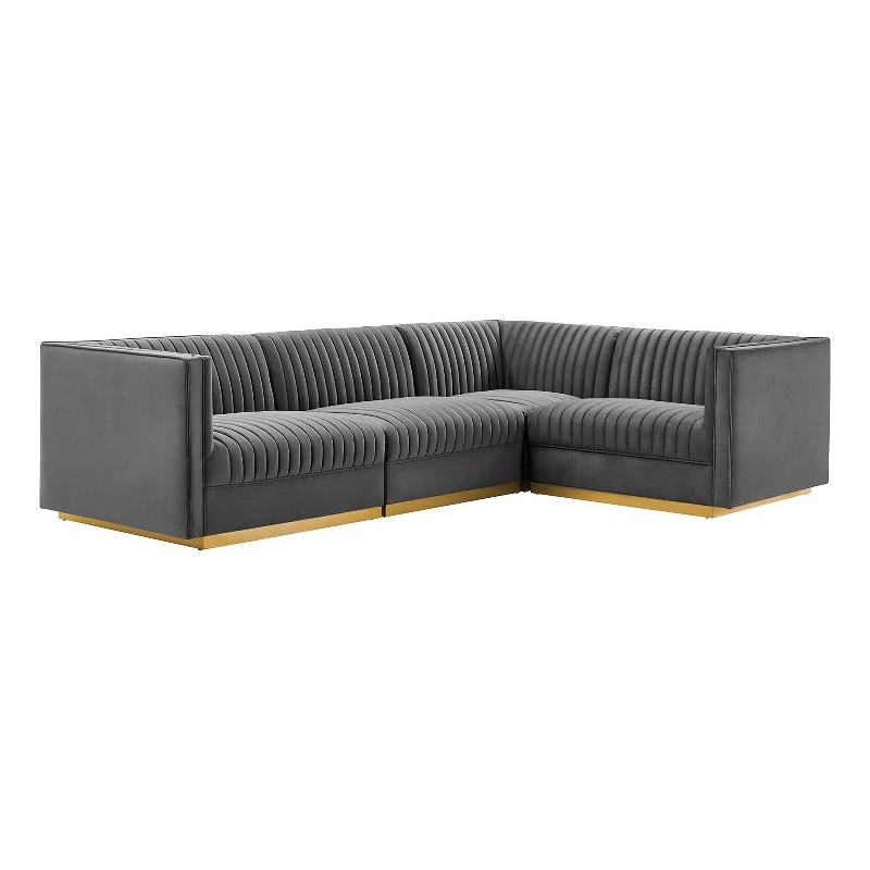 Modway Sanguine 4-Piece Velvet Right-Facing Modular Sectional Sofa in Gray