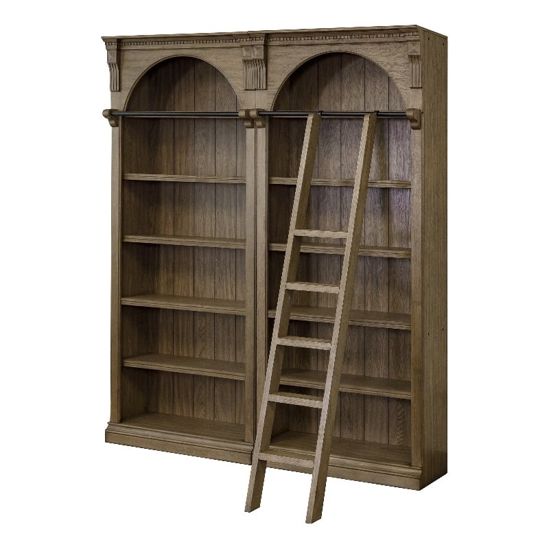 Traditional 8' Tall Wood Bookcase Wall With Ladder Office Storage Brown ...