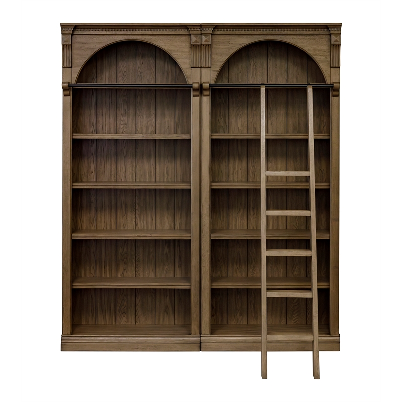 Traditional 8' Tall Wood Bookcase Wall With Ladder Office Storage Brown ...