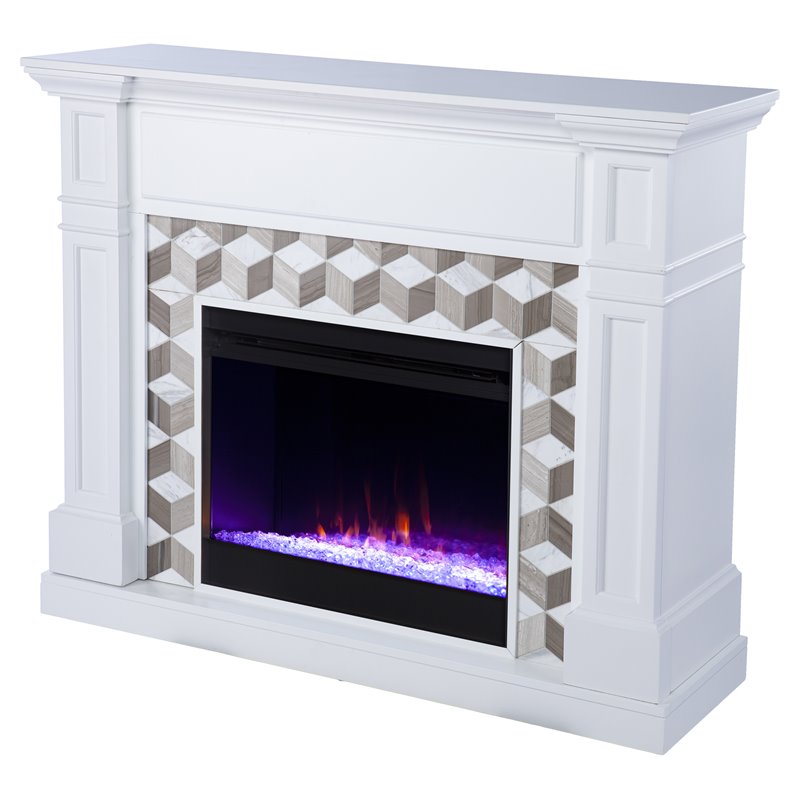 SEI Furniture Darvingmore Wood-Marble Color Changing Fireplace in White ...