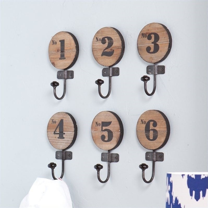 SEI Furniture Decorative 6 Piece Wooden Numbered Hook Set | Cymax Business