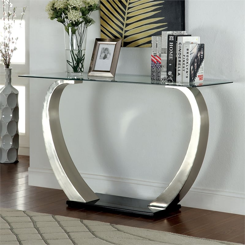 Furniture of America Navarre Steel Glass Console Table in Silver and ...