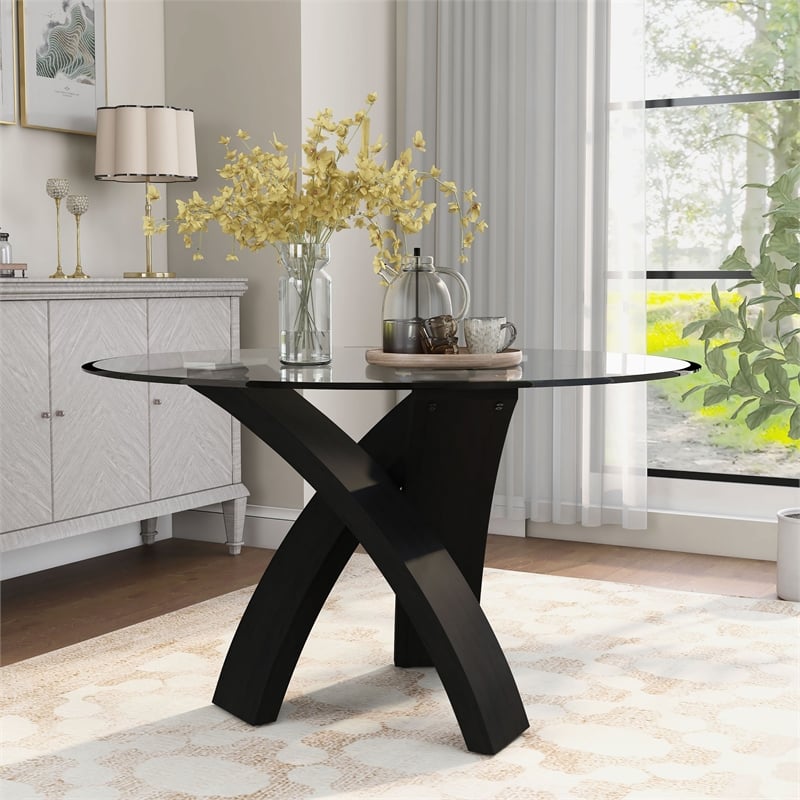 Furniture of America Andy Solid Wood Glass Round Dining Table in Black ...