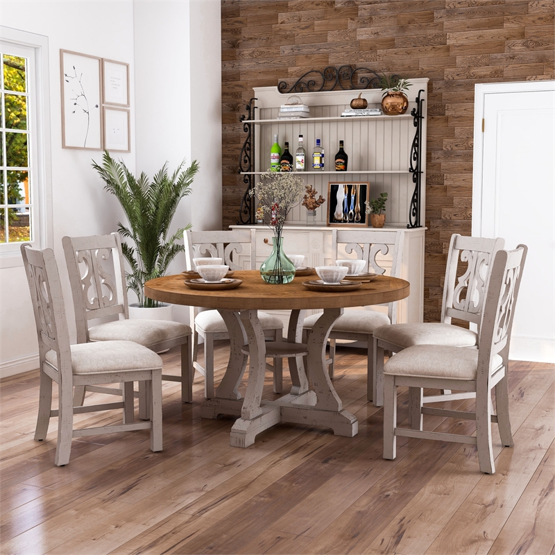 Furniture of America Muschamp Wood 7-Piece Round Dining Set in White ...