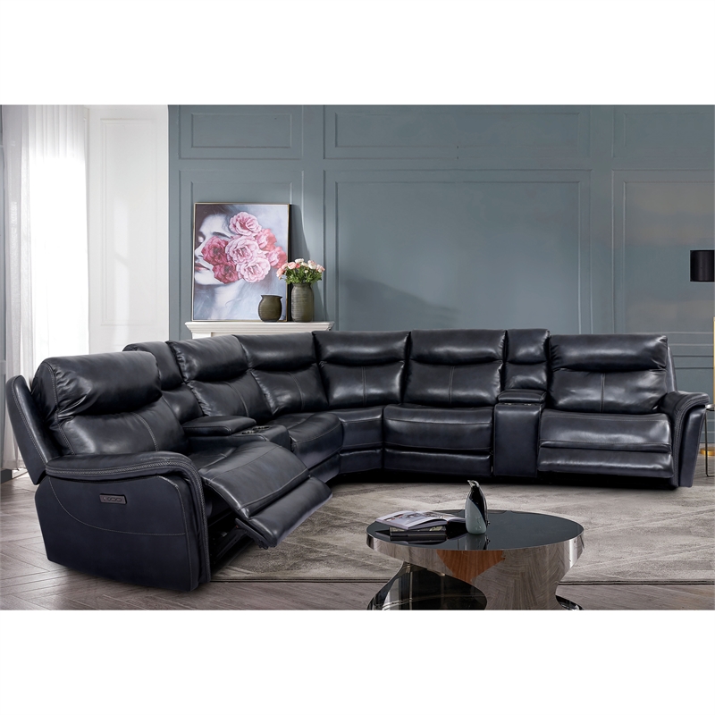 Furniture of America Crawe Transitional Leather Reclining Sectional in Dark Navy
