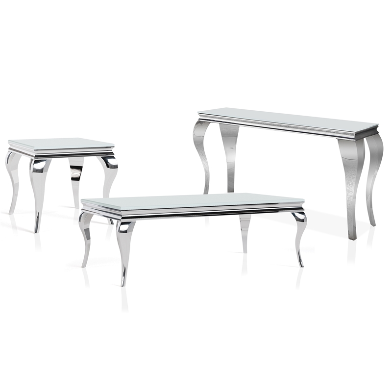 Furniture Of America Alang Glass Top 3pc Coffee Table Set In White And Silver