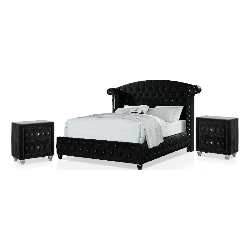 FOA Gijit 3-Piece Black Fabric Wingback Bedroom Set - Queen + 2 ...