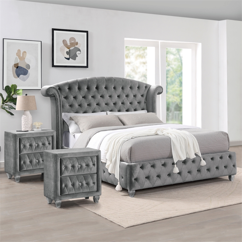 FOA Gijit 3-Piece Gray Fabric Wingback Bedroom Set - King + 2 ...