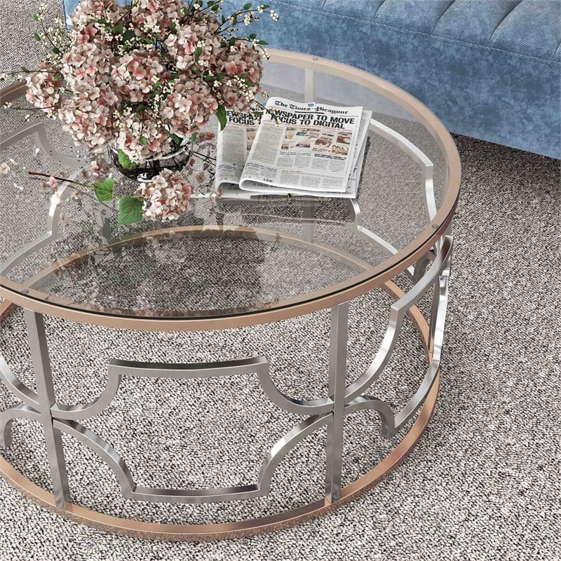 Furniture of America Sol Glass Top Round Coffee Table in Chrome and Gold
