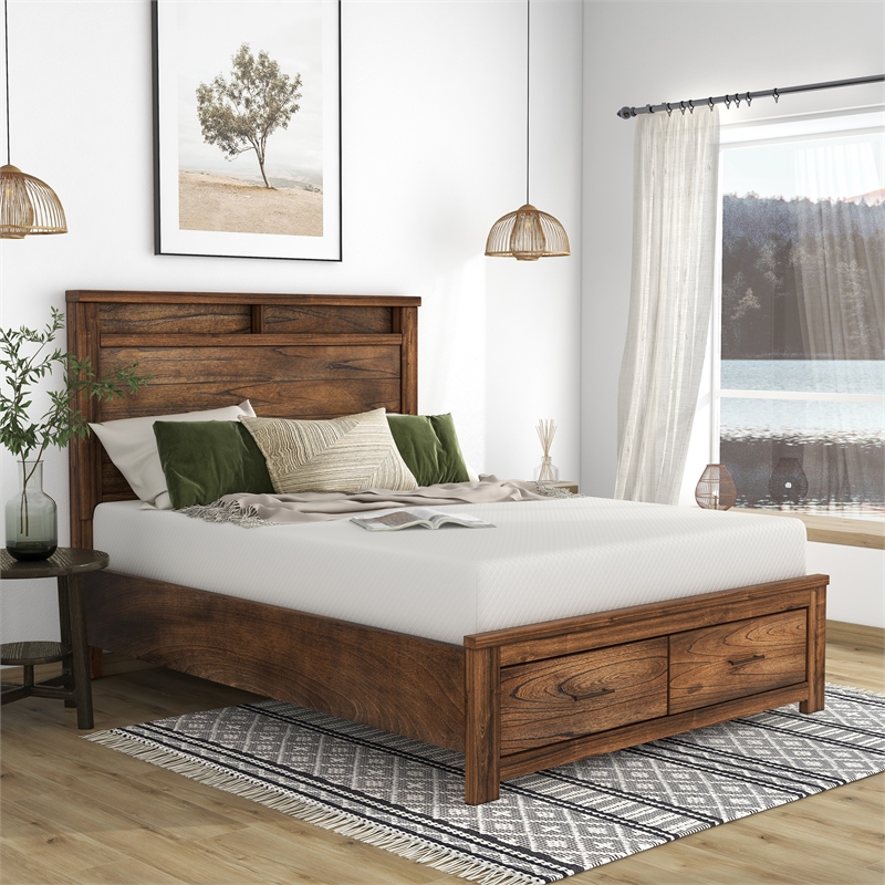 FOA Netti Antique Oak Queen Natural Wood Bed with 10" Memory Foam ...