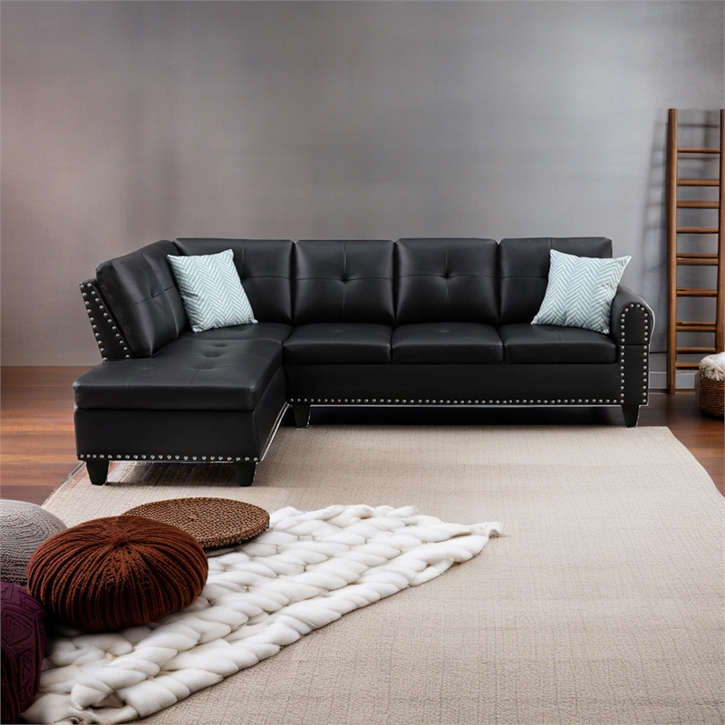 Trent Home Transitional Faux Leather Sectional Sofa with Ottoman in Black