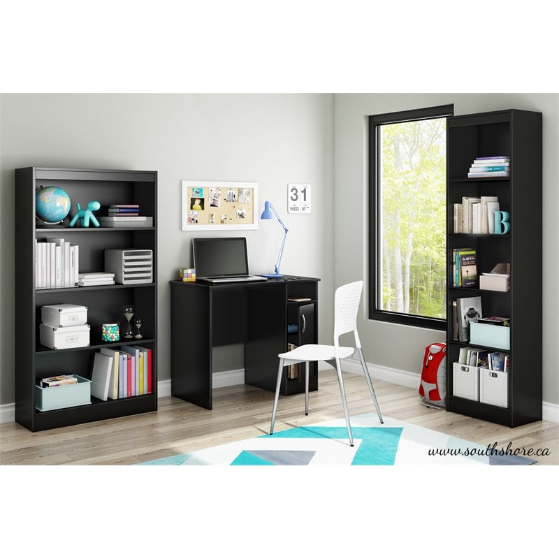 South Shore Axess Small Desk and 4 Shelf Bookcase Set in Pure Black BushFurnitureCollection