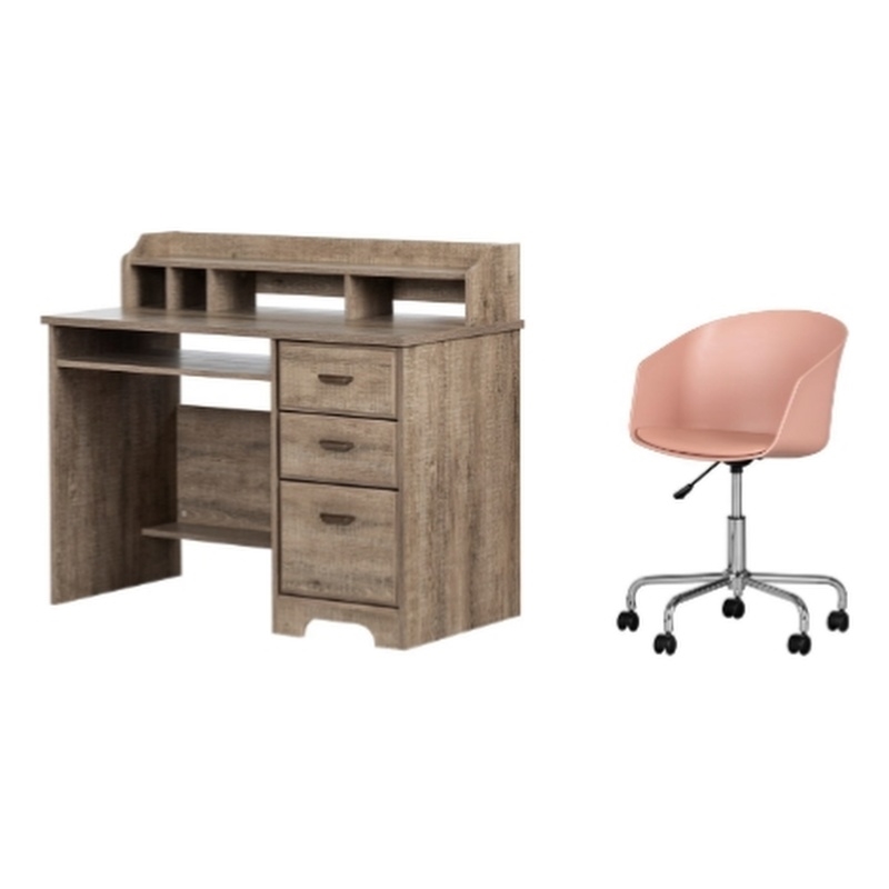 South Shore Versa Weathered Oak Desk and 1 Flam Pink Swivel Chair Set ...