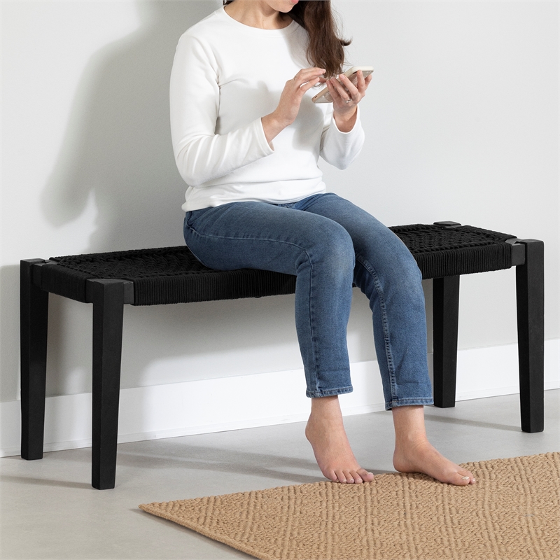 South Shore Balka Wood and Rope Bench Pure Black | Bush Furniture ...