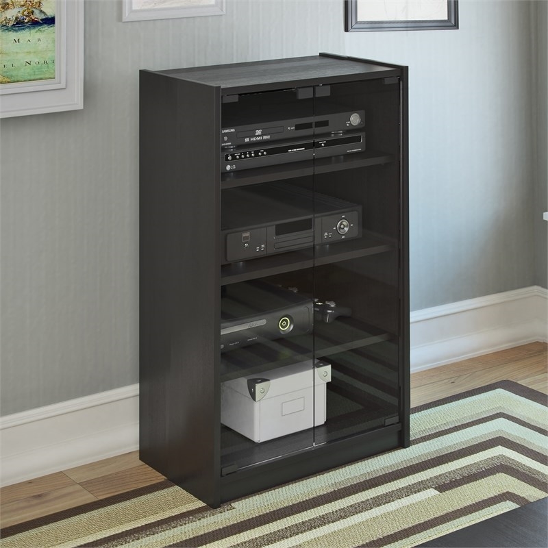 Bowery Hill Contemporary Glass Enclosed Audio Rack in Ravenwood Black