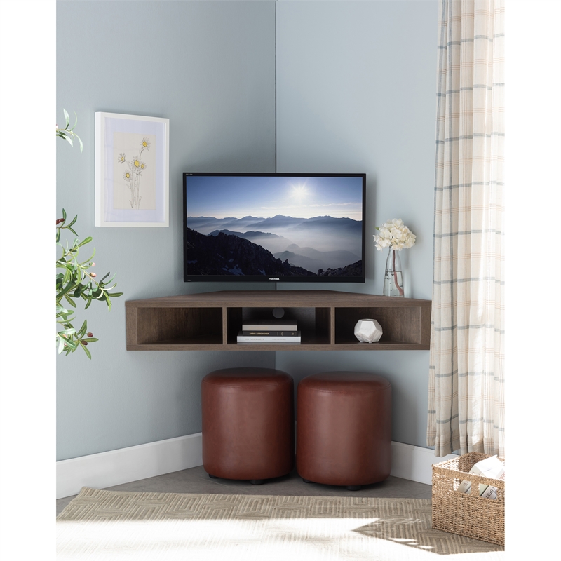 Bowery Hill Modern Wood Corner Floating TV Stand for TVs up to 42 in Walnut Oak Cymax Business