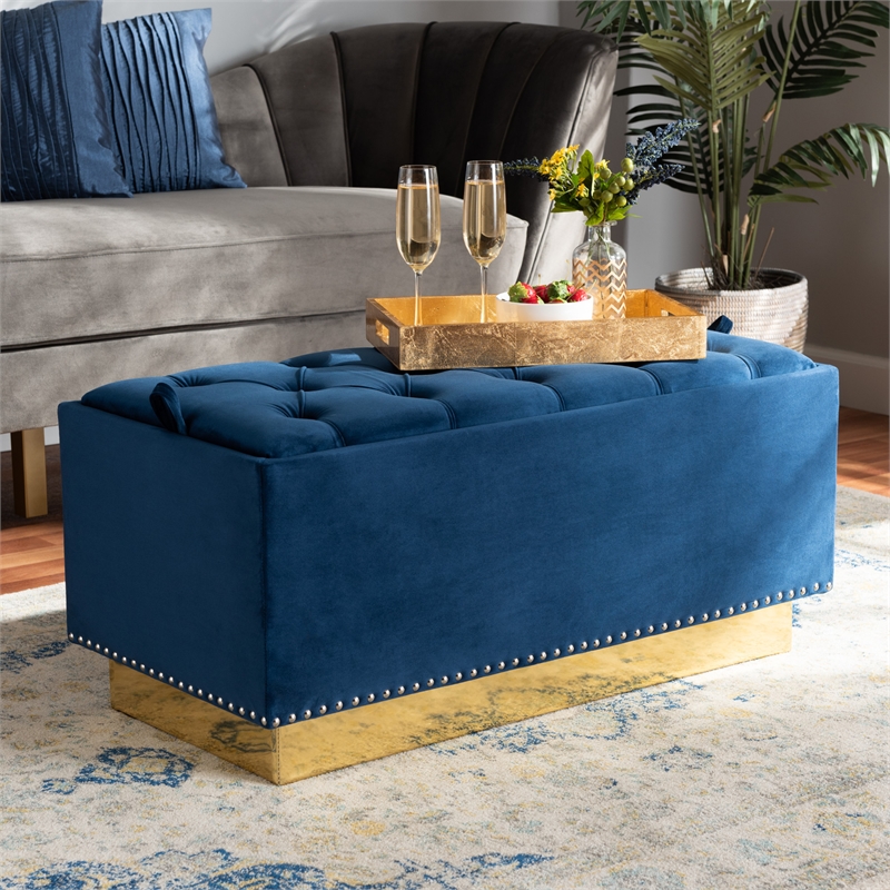 Bowery Hill Navy Blue Velvet Fabric Upholstered and Gold PU Leather Ottoman
