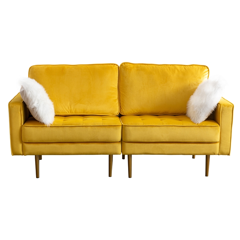 Bowery Hill Yellow Velvet Loveseat with Two Throw Pillows and Gold Tone ...