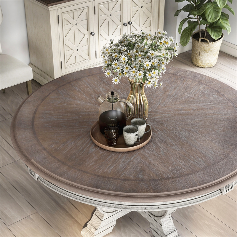 Bowery Hill Rustic Wood Round Dining Table in Antique White Finish ...