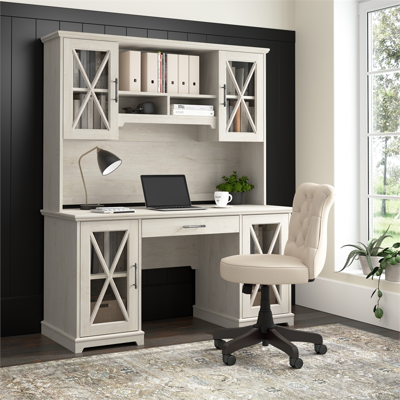 Bowery Hill Engineered Wood Desk with Hutch and Keyboard Tray in Linen White Oak
