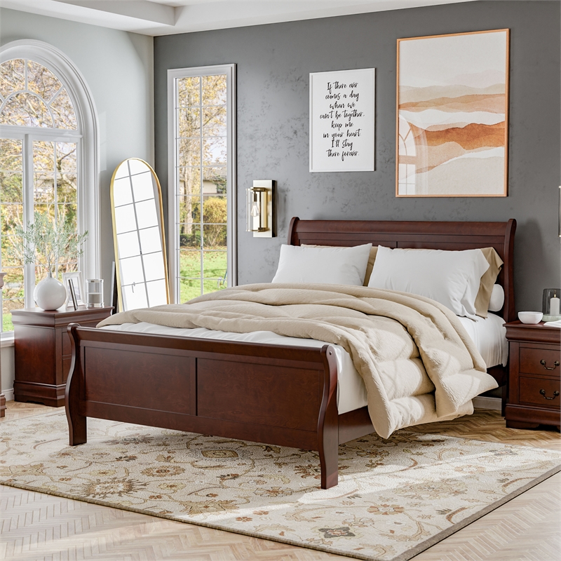 Bowery Hill Transitional Solid Wood Panel King Bed in Cherry | Cymax Business