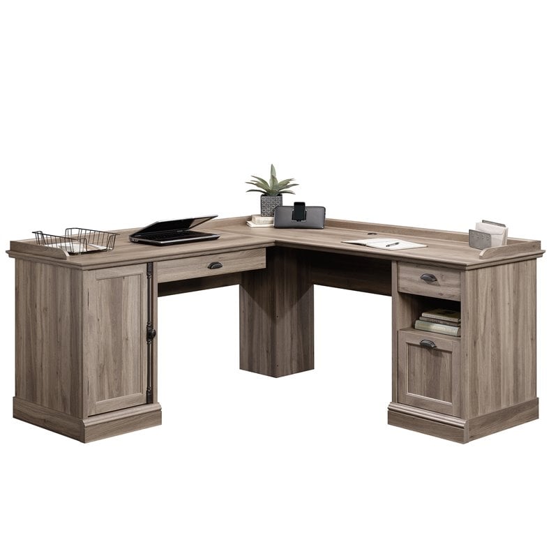 Pemberly Row Contemporary Wood L Shaped Computer Desk in Salt Oak Homesquare
