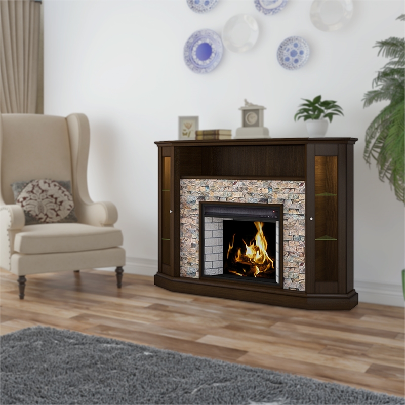 Pemberly Row Corner LED Fireplace 50" TV Stand in Espresso | Homesquare