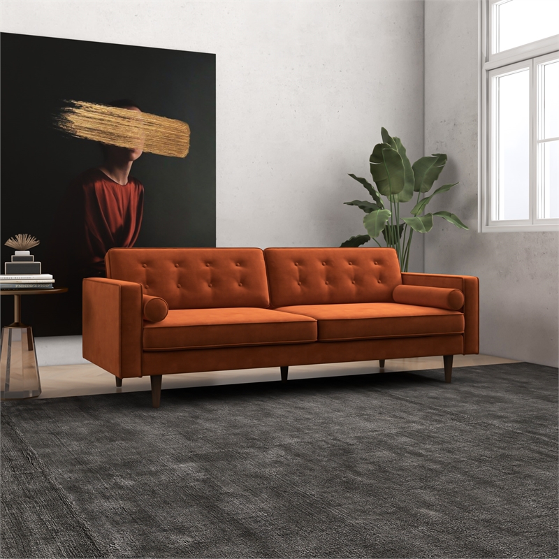 Pemberly Row Mid Century Velvet Tufted Back Sofa in Burnt Orange Homesquare
