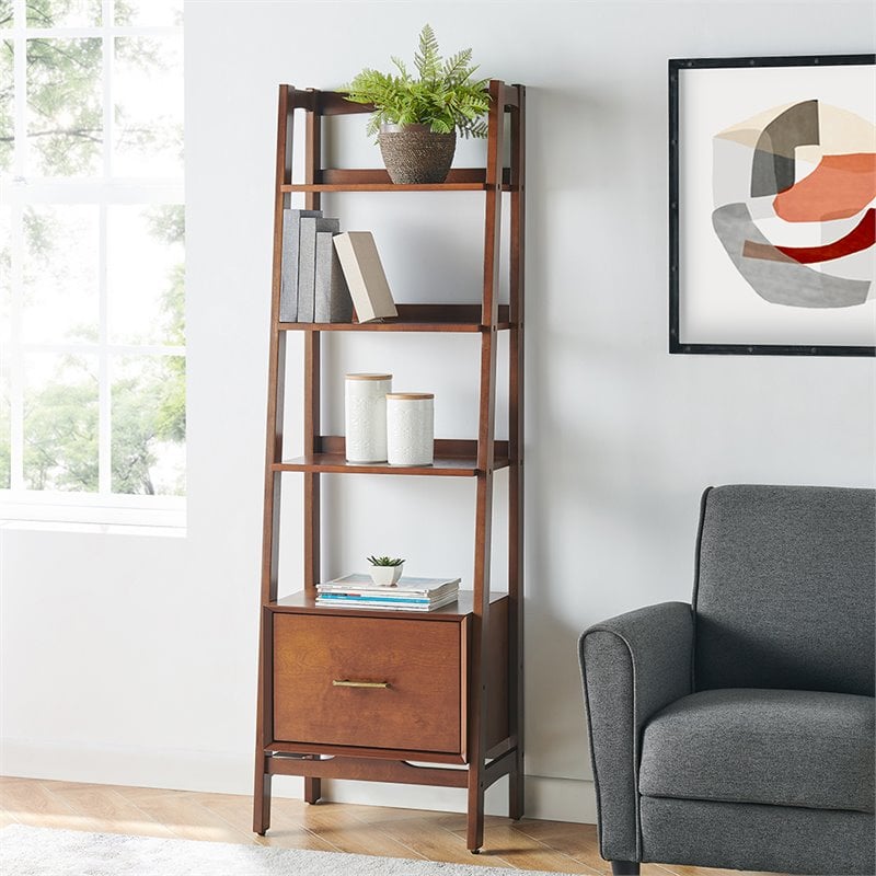 Pemberly Row 4 Shelf Narrow Mid Century Wood Etagere Bookcase in Mahogany