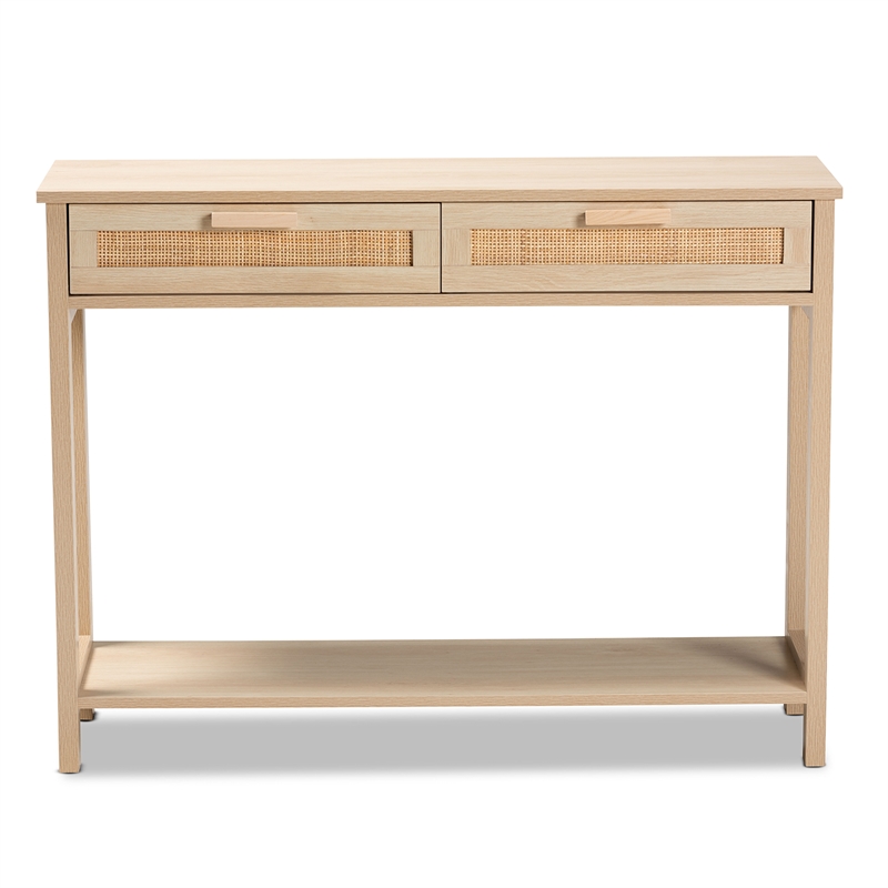 Pemberly Row Sebille Modern Light Brown Wood 2 Drawer Console Table with Rattan Homesquare