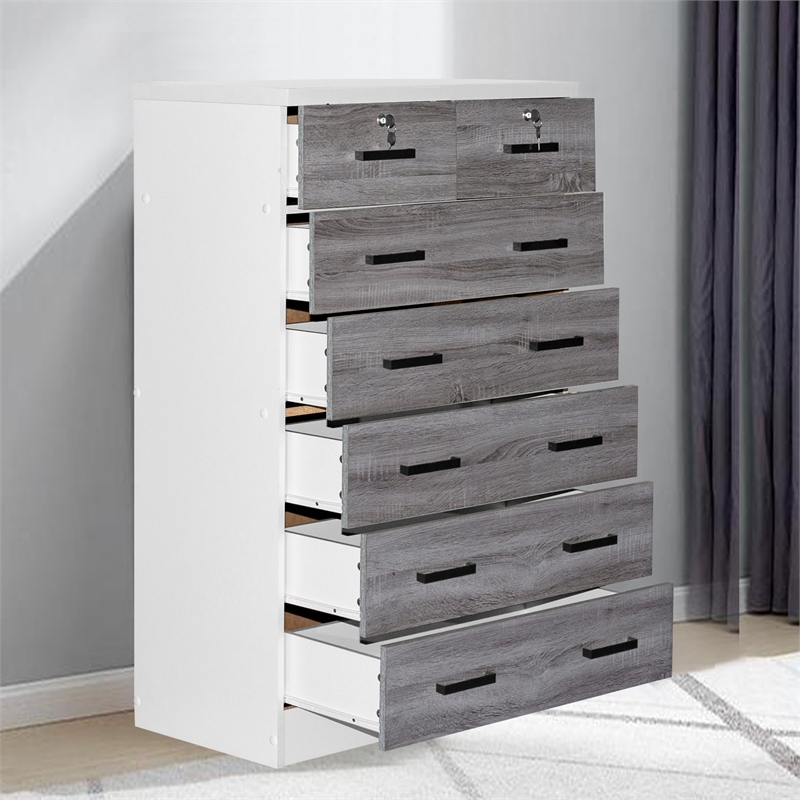Pemberly Row 7 Drawer Chest Wooden Dresser in Gray White Finish