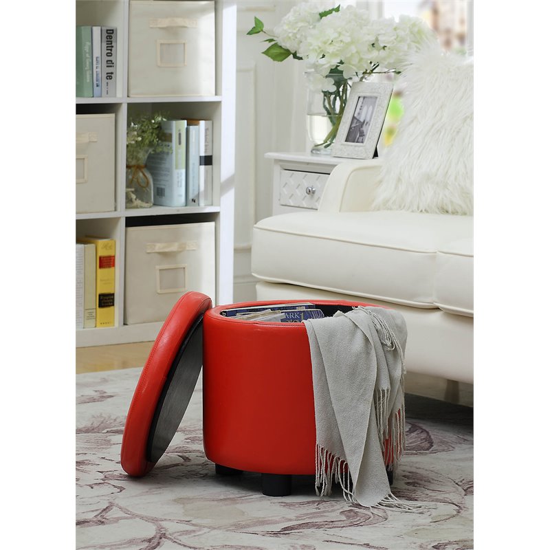 Pemberly Row Round Accent Storage Ottoman in Red Faux Leather Fabric Cymax Business
