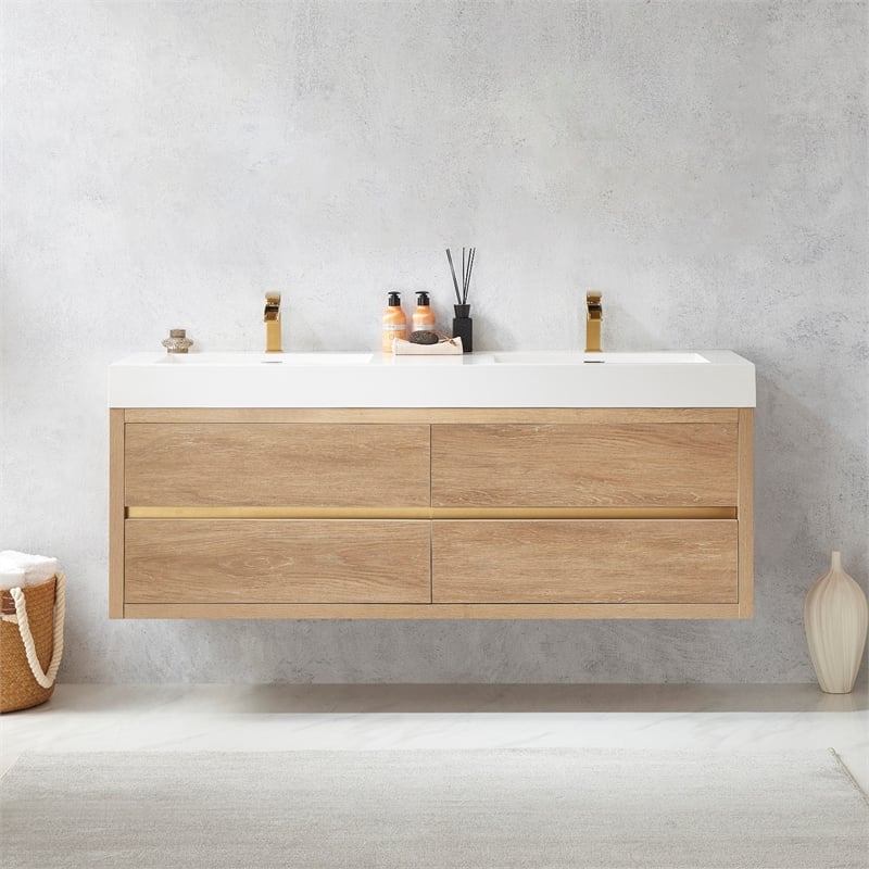 Pemberly Row 60" Double Sink Wall-Mount Floating Wood Bathroom Vanity ...
