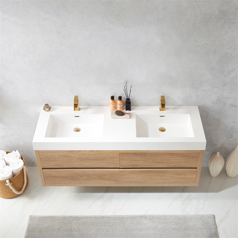 Pemberly Row 60" Double Sink Wall-Mount Floating Wood Bathroom Vanity ...