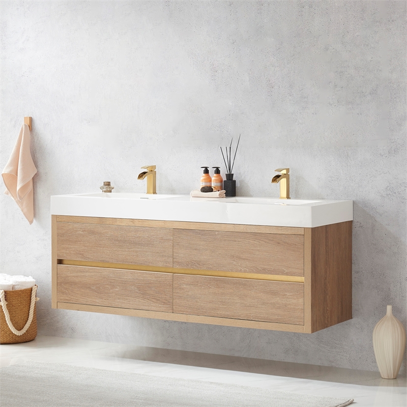 Pemberly Row 60" Double Sink Wall-Mount Floating Wood Bathroom Vanity ...